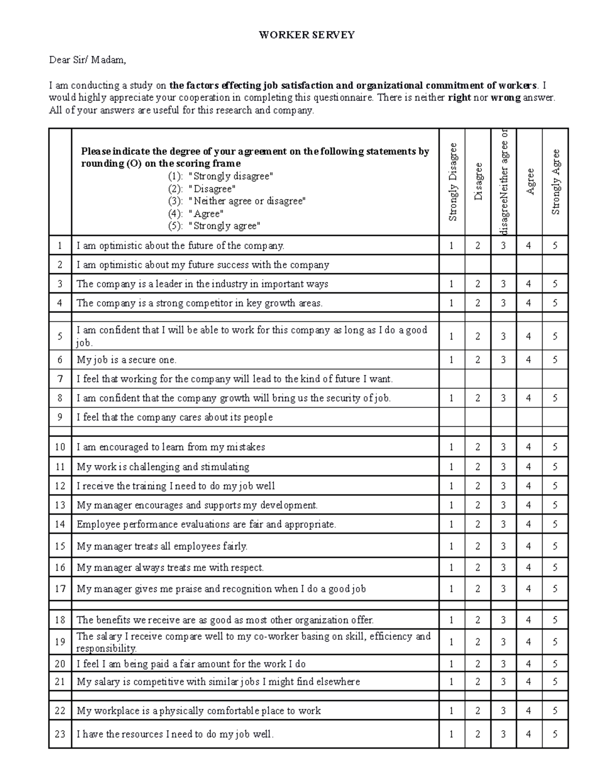 Questionnaire - English - WORKER SERVEY Dear Sir/ Madam, I am ...