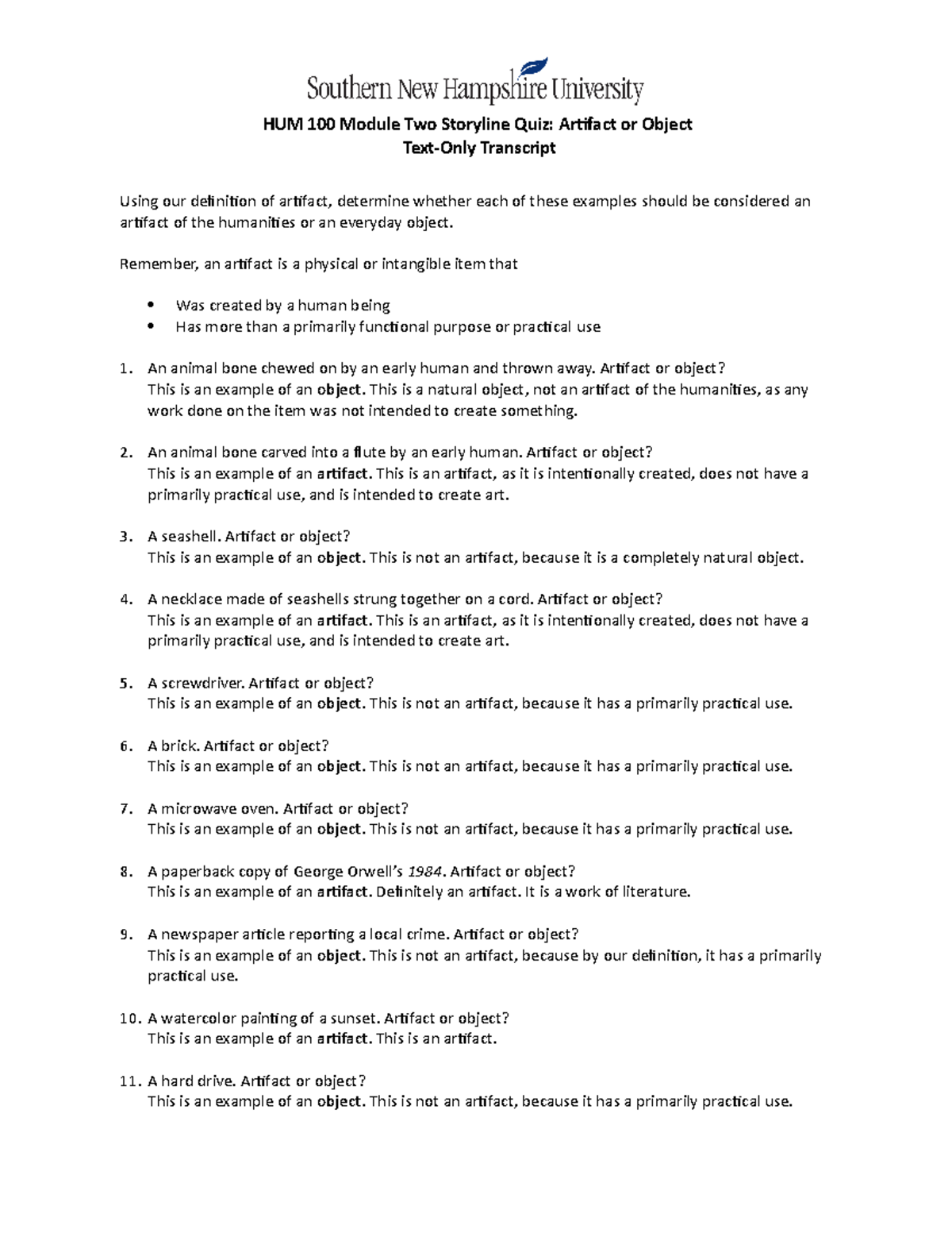 HUM 100 Module Two Storyline Quiz Text Only Transcript - HUM 100 Module ...