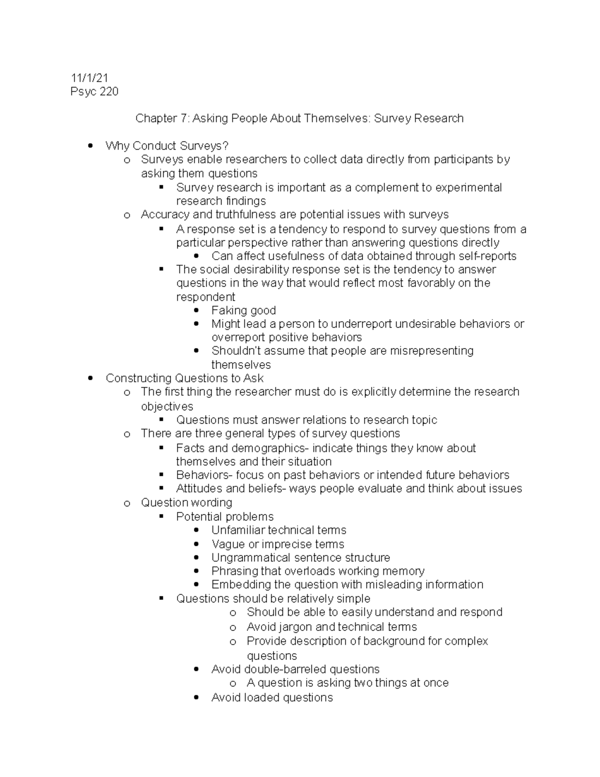 Ch 7 Survey Research - Lecture notes 7 - 11/1/ Psyc 220 Chapter 7 ...