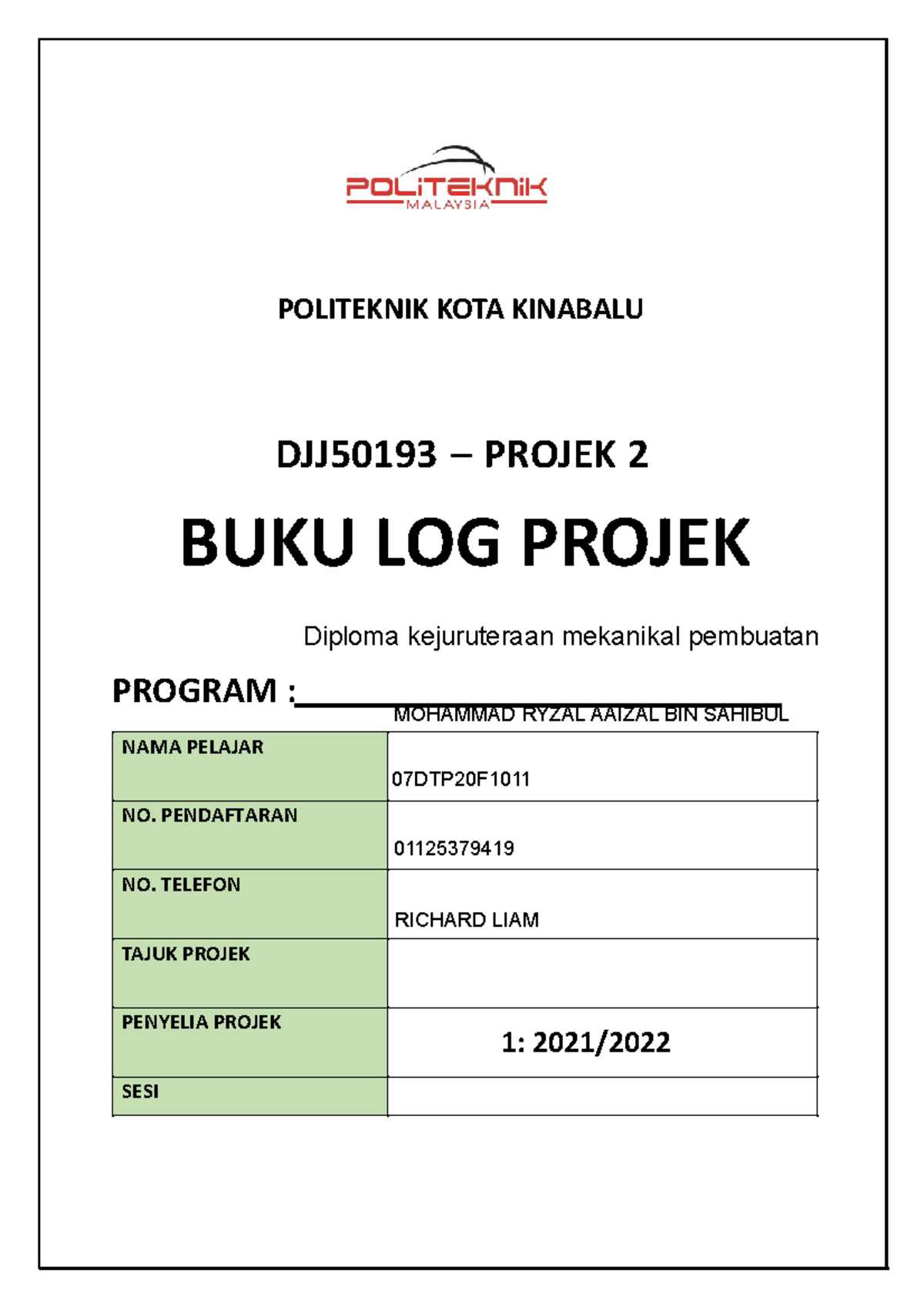 14. BUKU LOG Pelajar - Engineering mechanical is the best you - Studocu