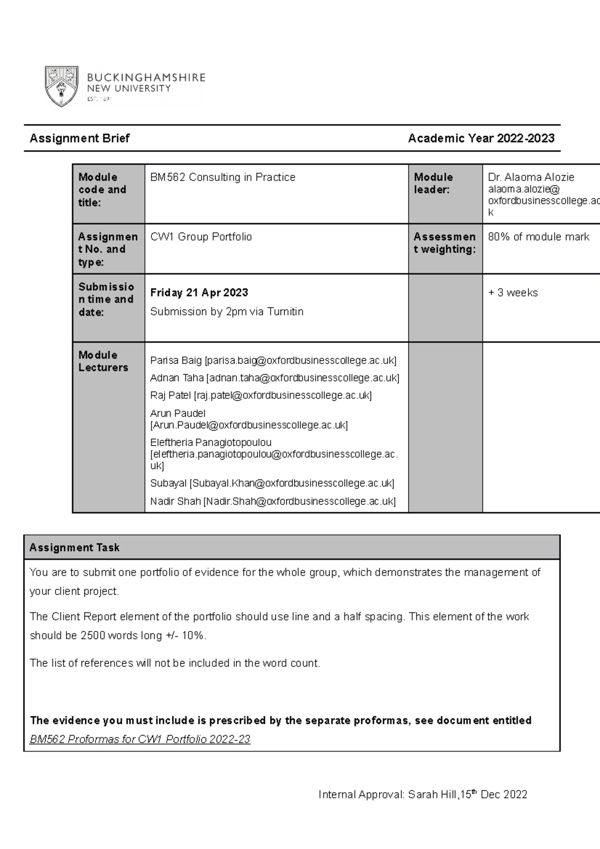BM562 Assignment Brief CW1 2022-2023 (002) - Assignment Brief Academic Year 2022- Module code ...