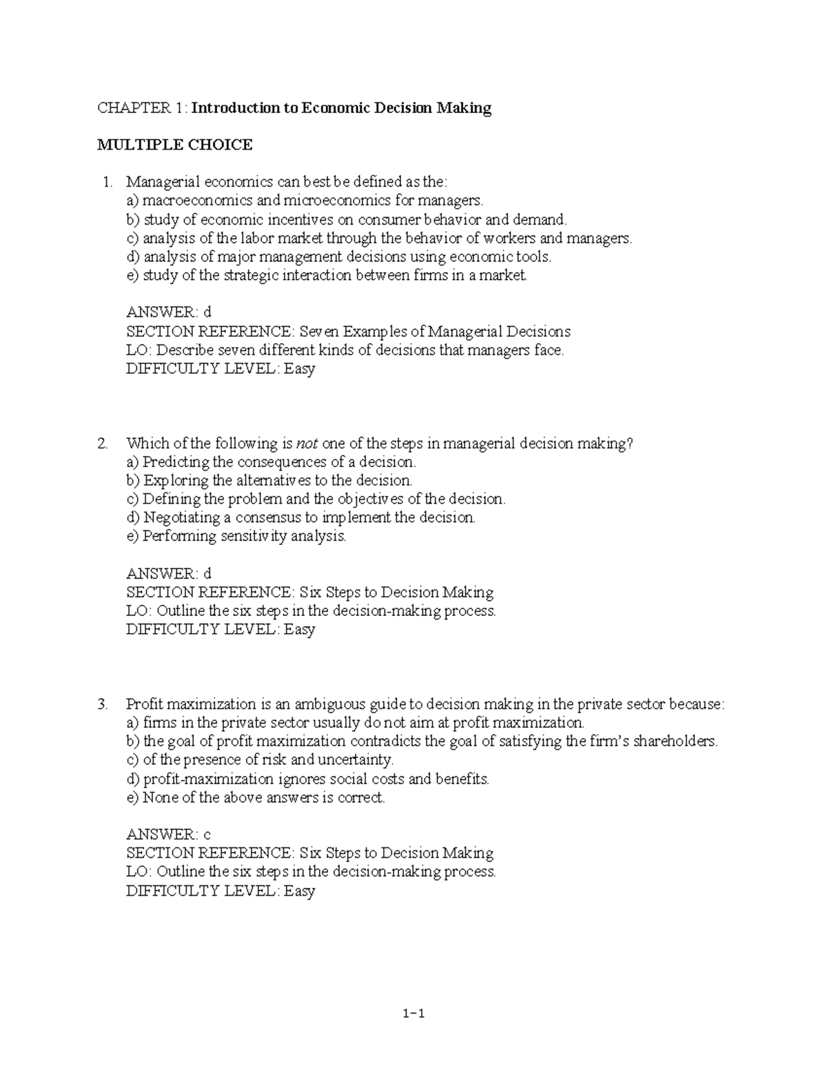 Ch01 - materials - CHAPTER 1: Introduction to Economic Decision Making MULTIPLE CHOICE 1 ...