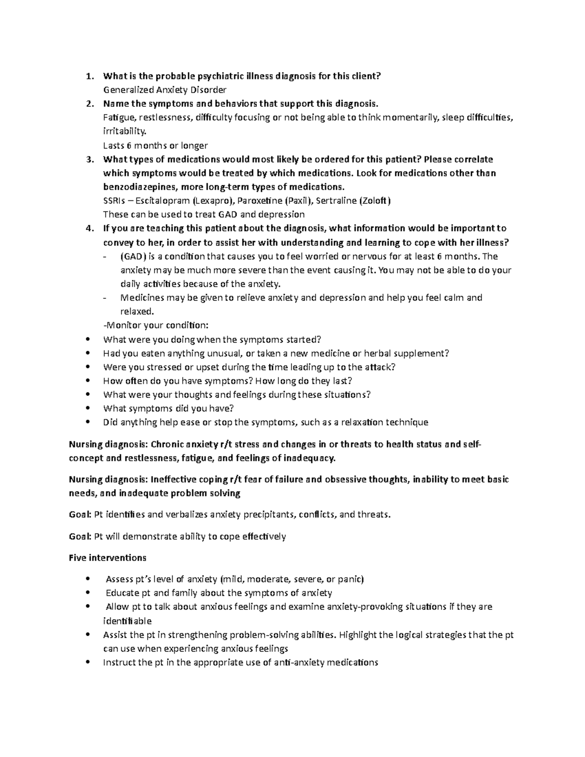 Mental Health Case studies - What is the probable psychiatric illness diagnosis for this client ...