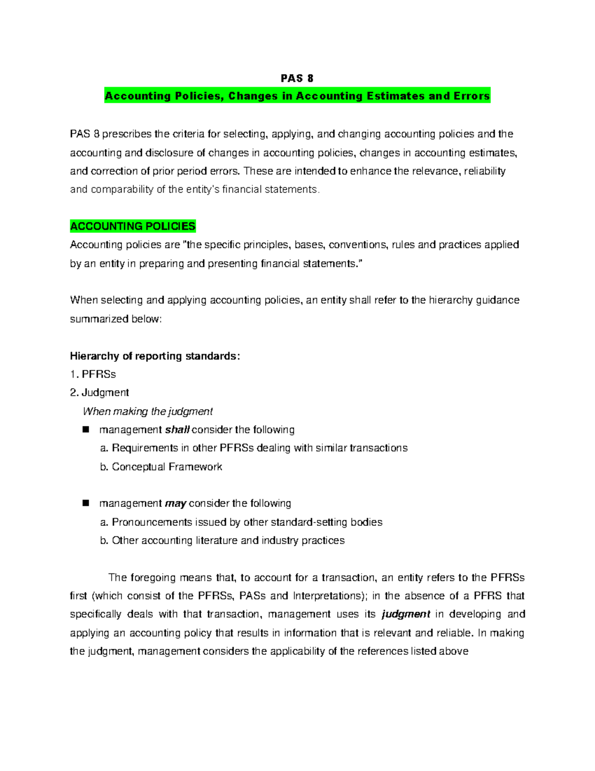 PAS 8 - PAS 8 Accounting Policies, Changes in Accounting Estimates and ...