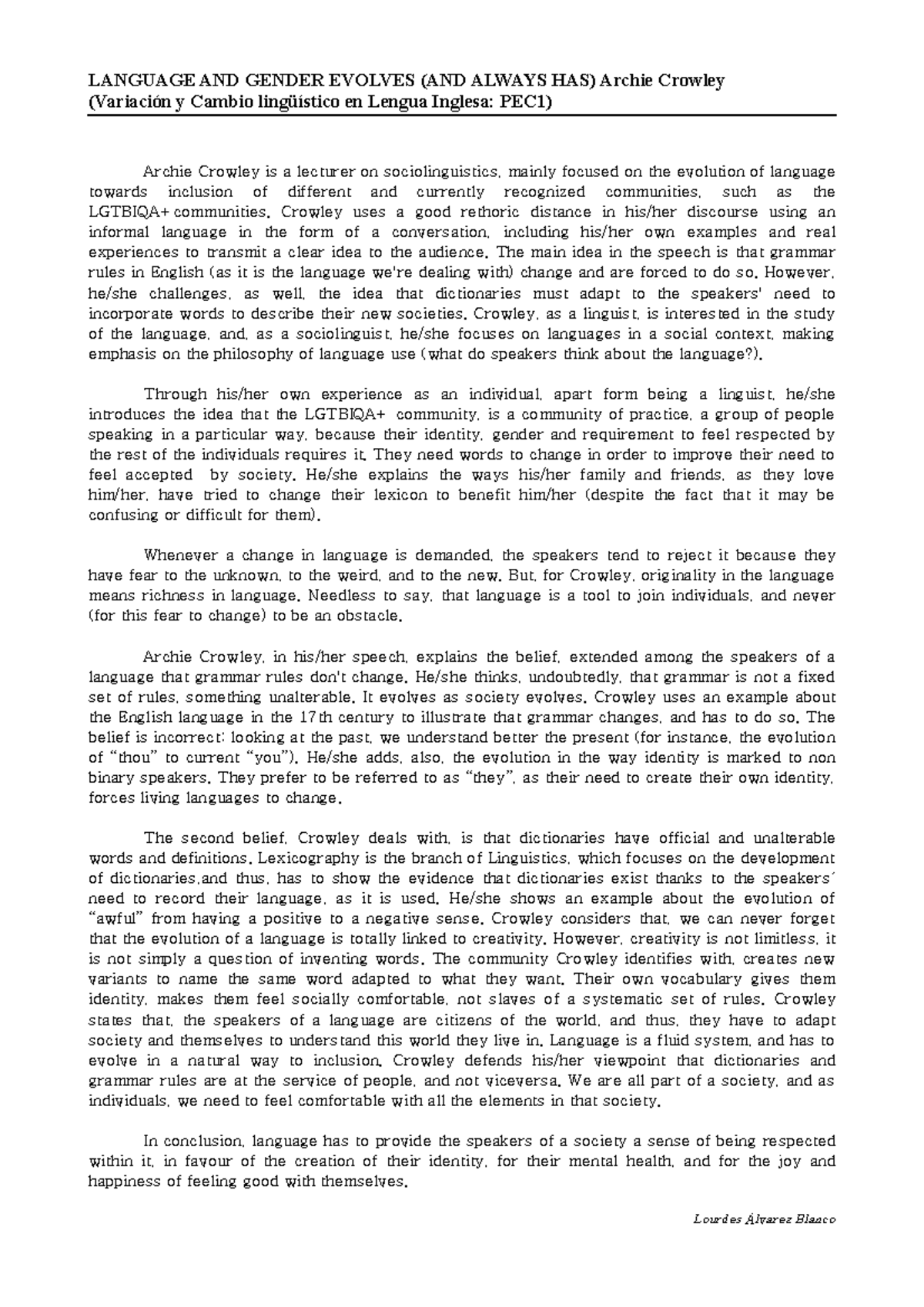 PEC1 (Variación) - LANGUAGE AND GENDER EVOLVES (AND ALWAYS HAS) Archie ...