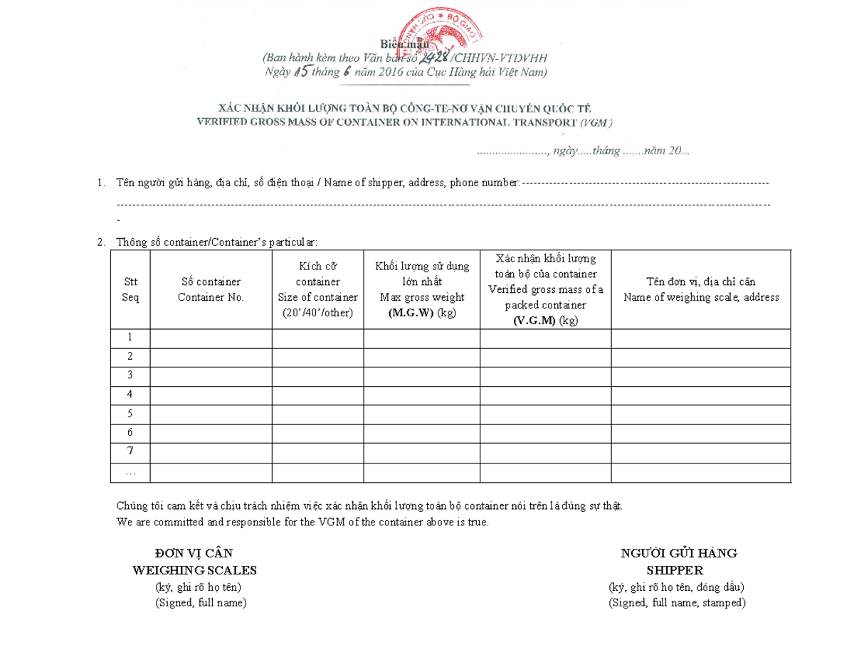 FORM-OF-VGM - VGM mẫu thông dụng - 1. Tên người gửi hàng, địa chỉ, số ...
