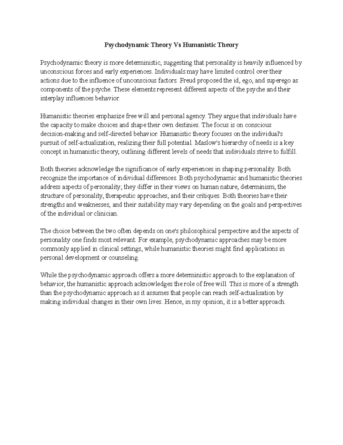 Discussion post 1 - notes - Psychodynamic Theory Vs Humanistic Theory ...