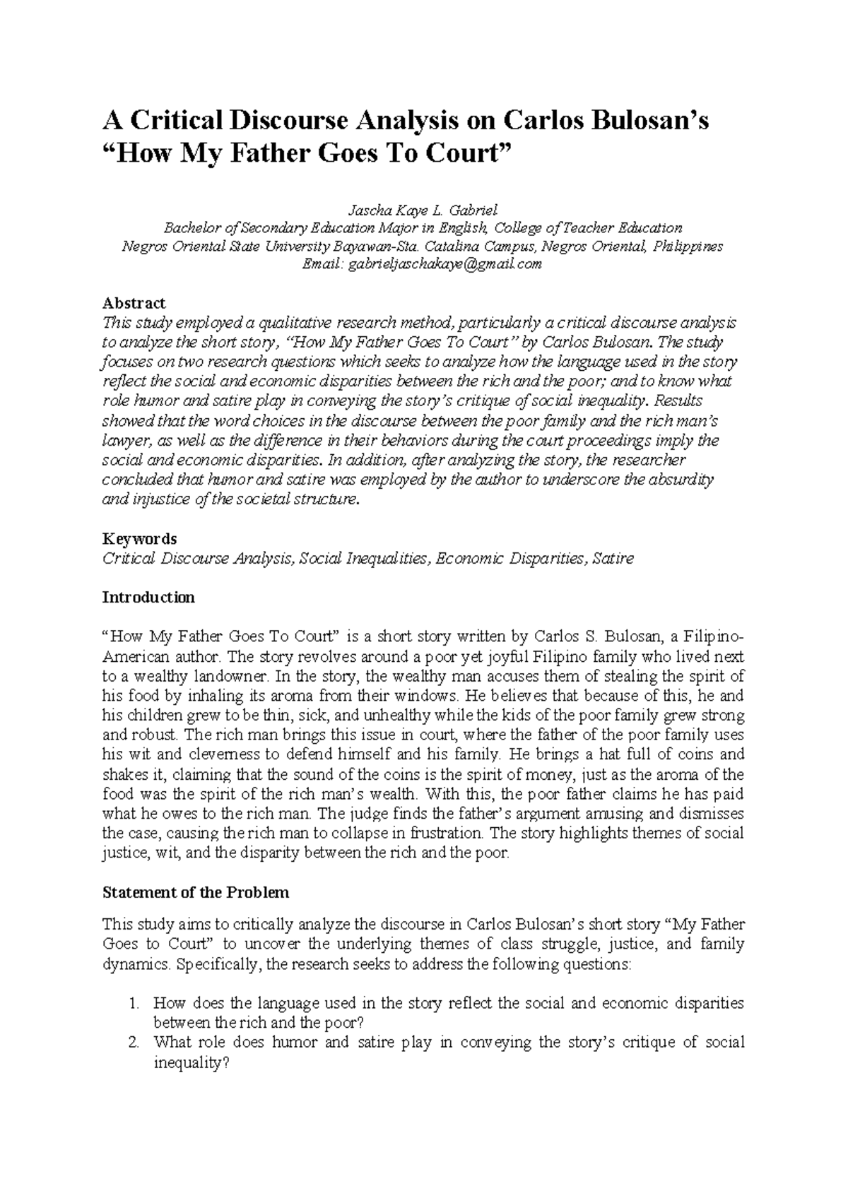 A Critical Discourse Analysis on the short story "How My Father Goes To ...