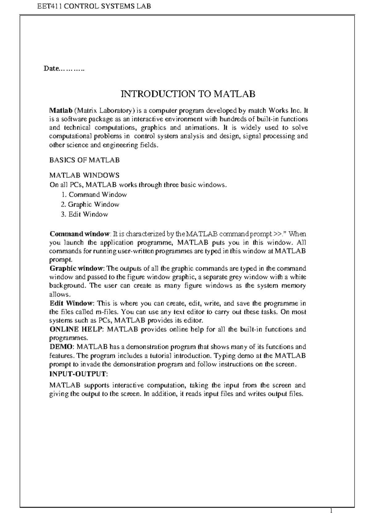 EEL411 Control Systems LAB - Date........... INTRODUCTION TO MATLAB ...