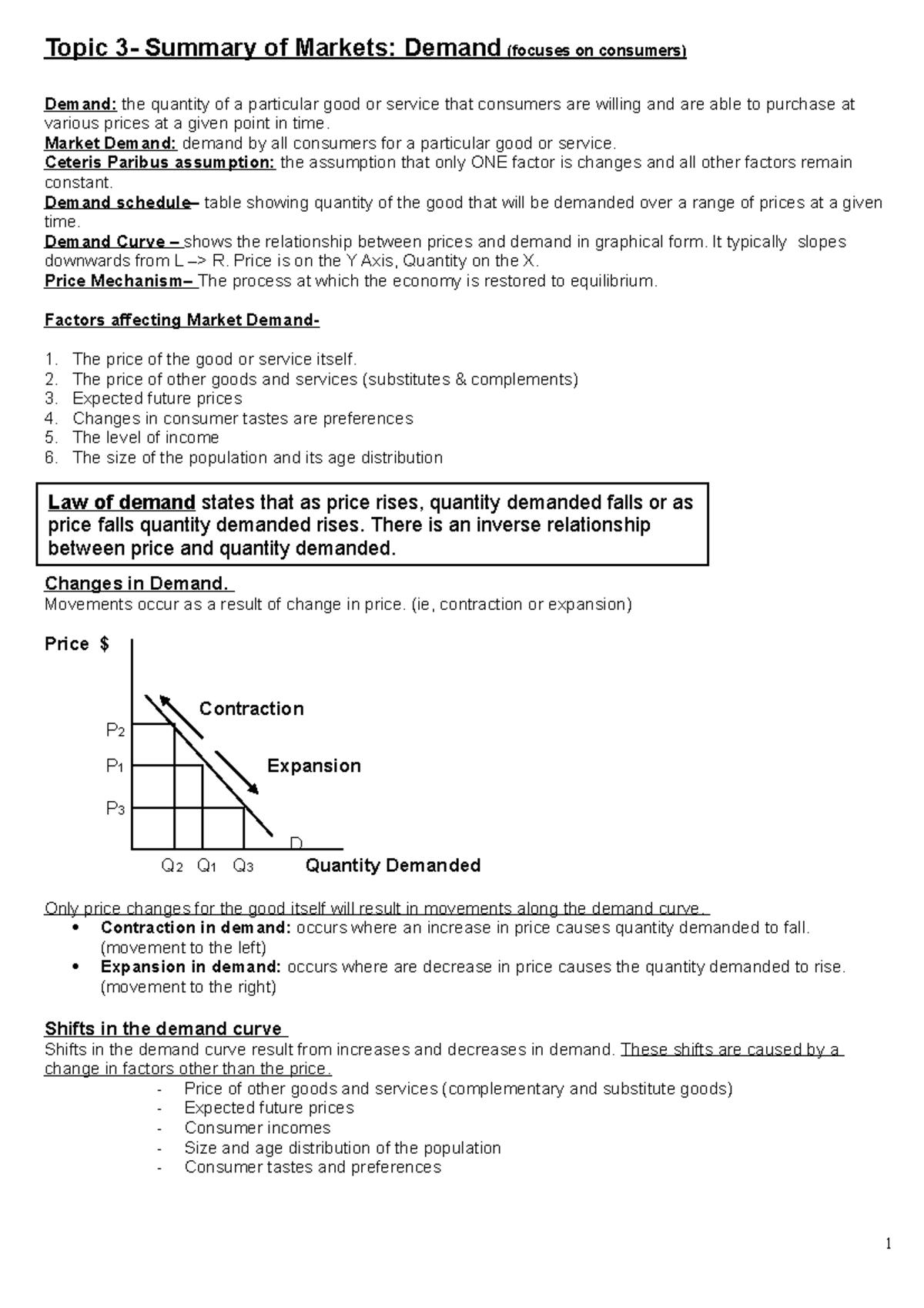 Topic 3 Summary - Topic 3- Summary of Markets: Demand (focuses on ...