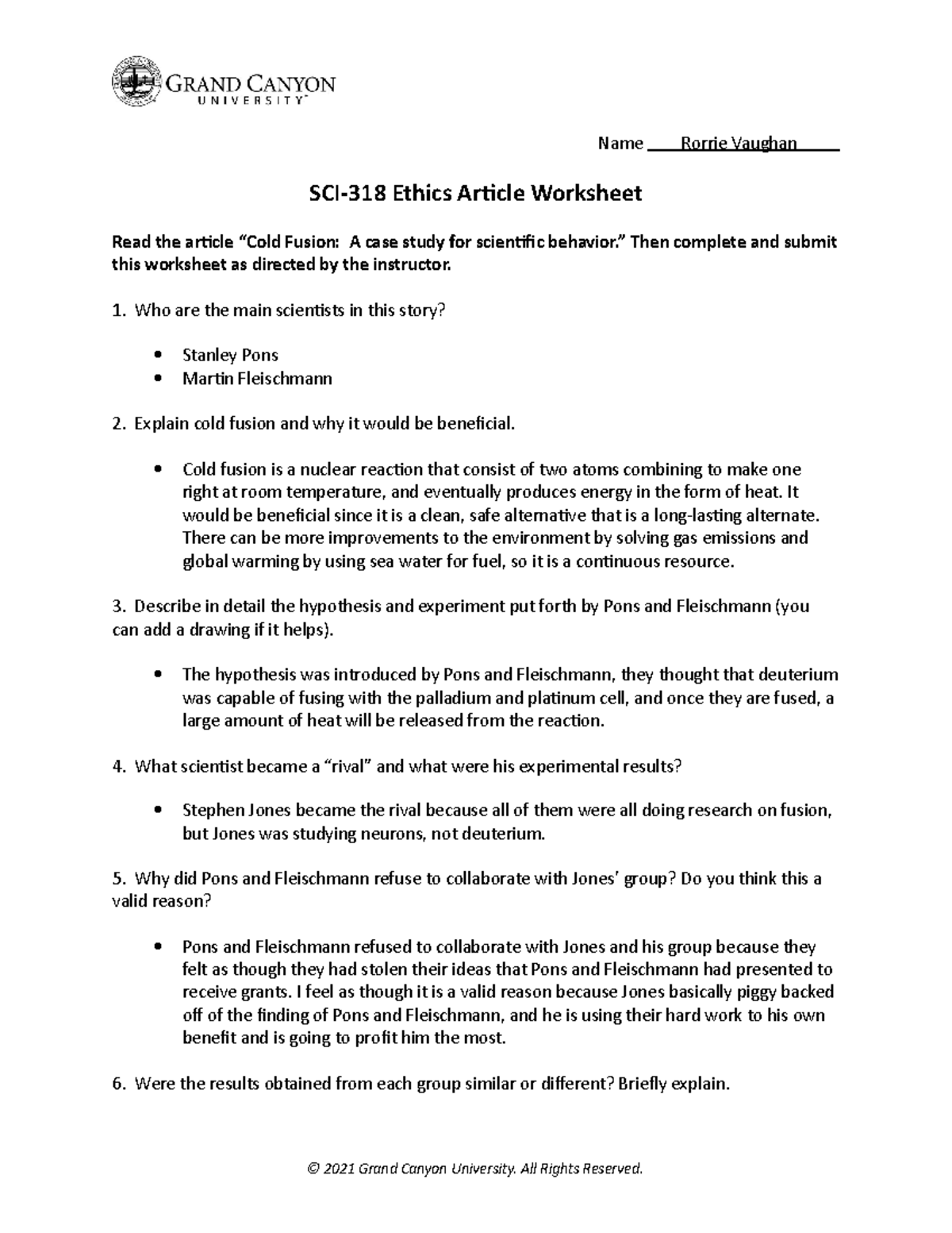 SCI 318 RS Ethics Article Worksheet - Name Rorrie Vaughan. SCI-318 ...