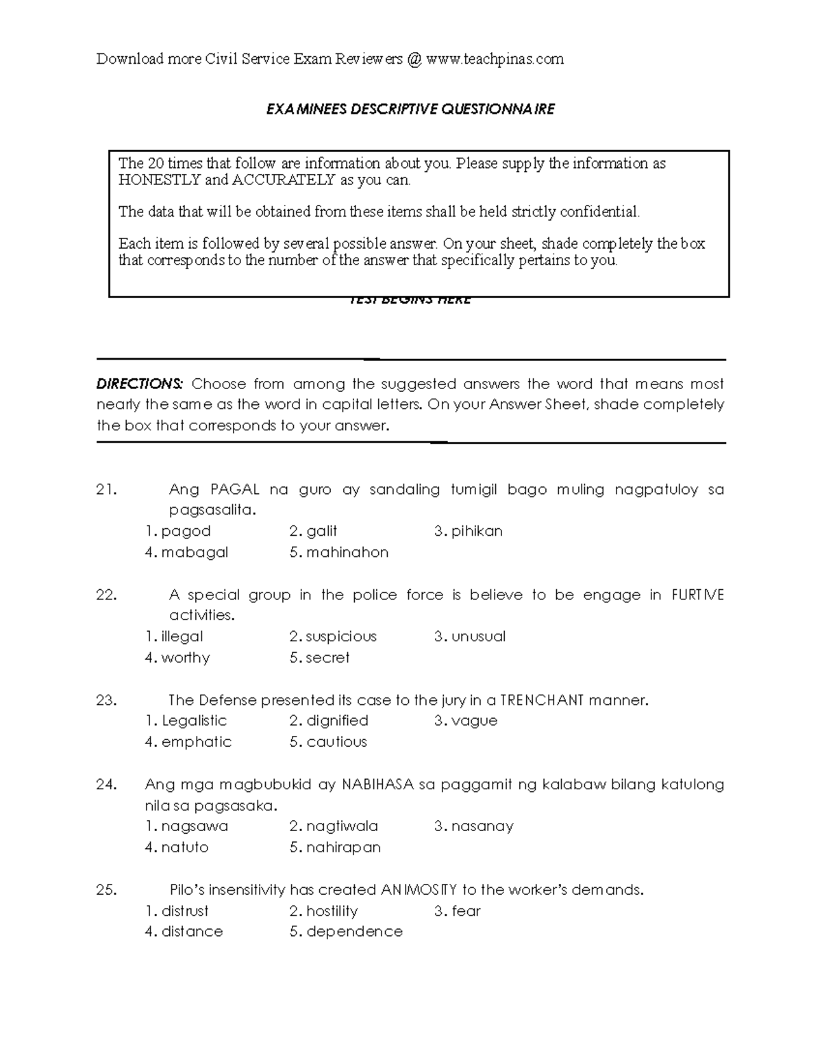 CSC 0 - CSE Reviewer 21-170 - EXAMINEES DESCRIPTIVE QUESTIONNAIRE ...