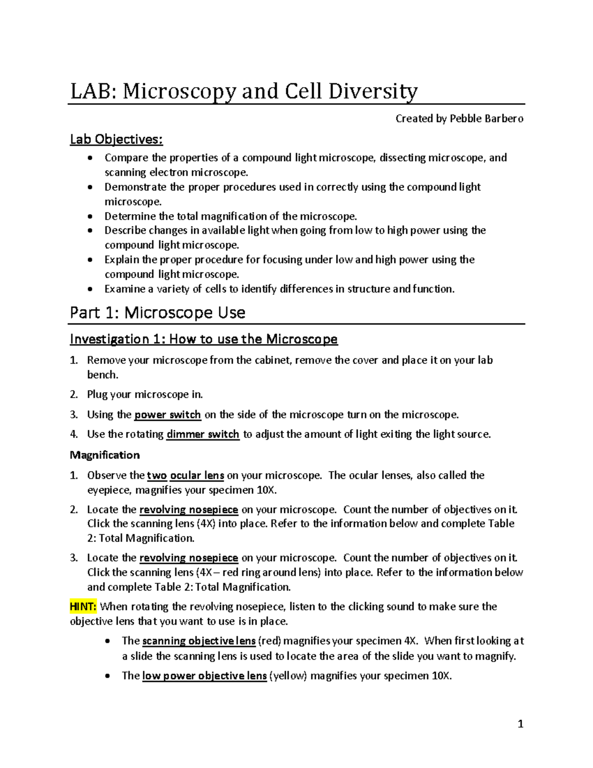 BIOL 1406, Lab #4 - Microscopy & Cell Diversity - LAB: Microscopy and ...