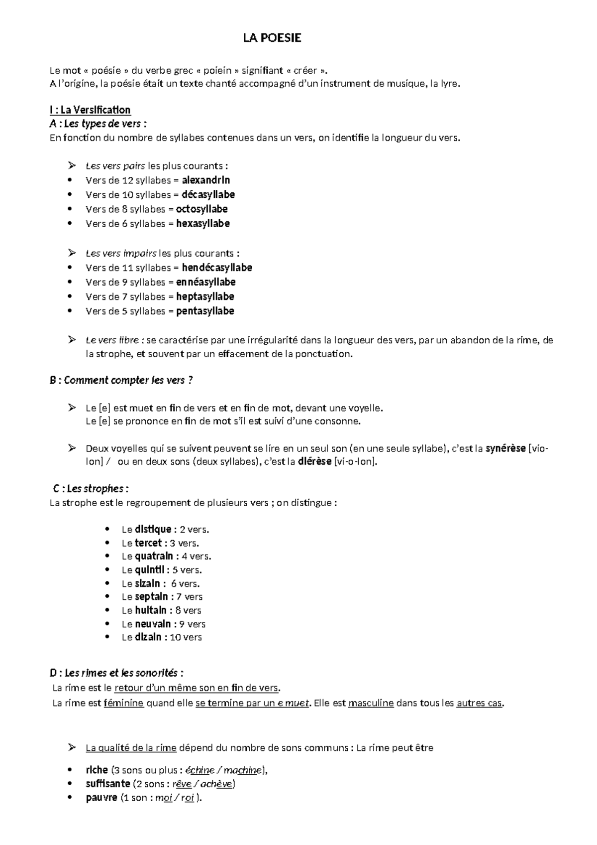 Fiche vocabulaire poésie - LA POESIE Le mot « poésie » du verbe grec ...