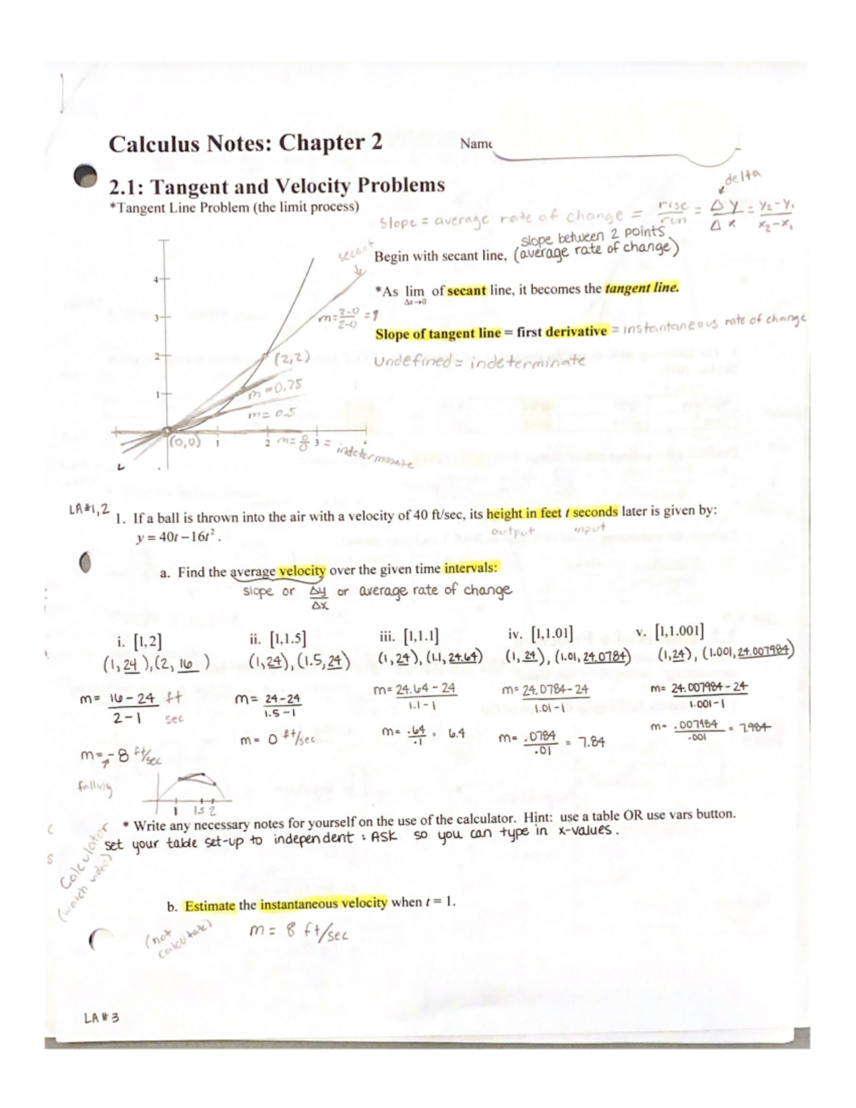 MAT 220 (Sections 2.1 - 3 - Calculus Notes: Chapter 2 Name 2: Tangent ...
