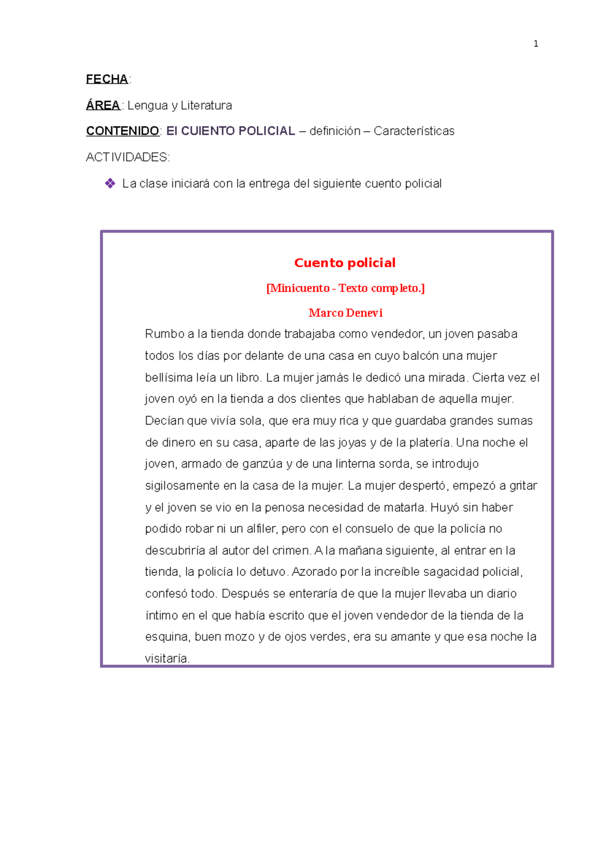 Cuento Policial Completo - ####### FECHA: ####### ÁREA: Lengua y ...