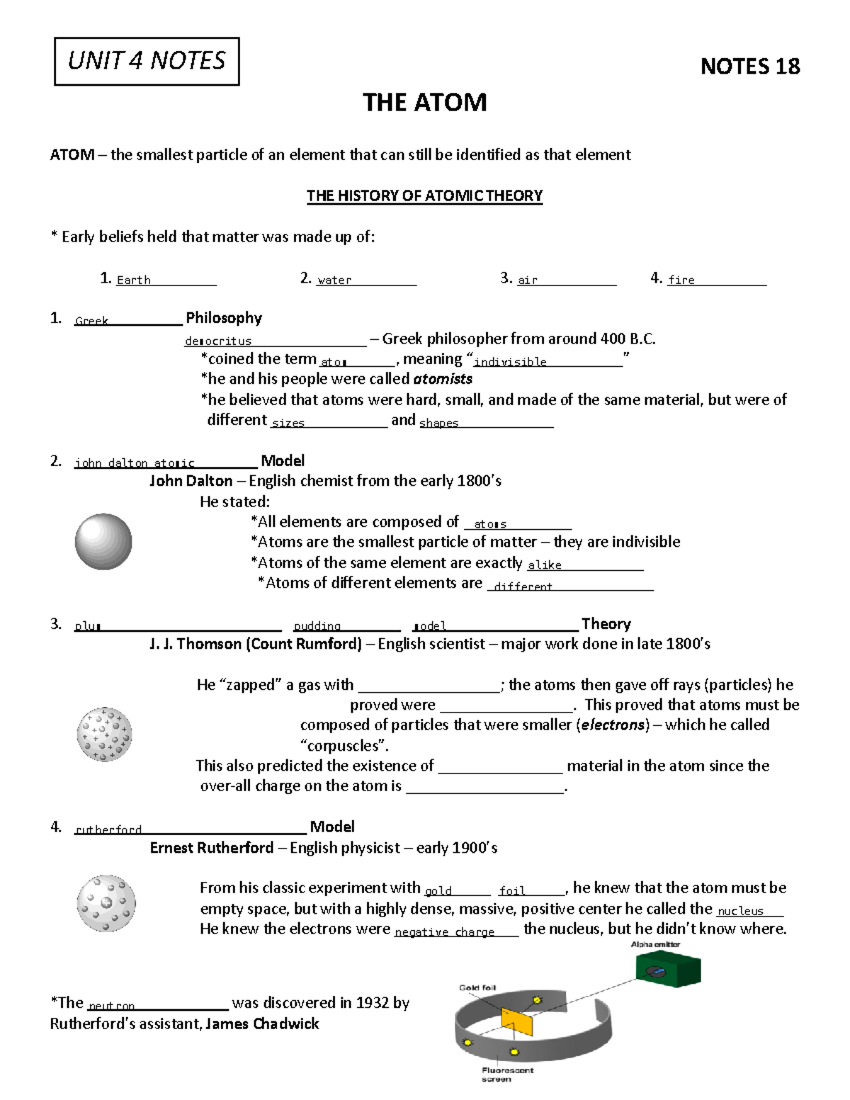 Notes Unit 5 - (Notes 18)-1 - NOTES 18 THE ATOM ATOM – the smallest ...