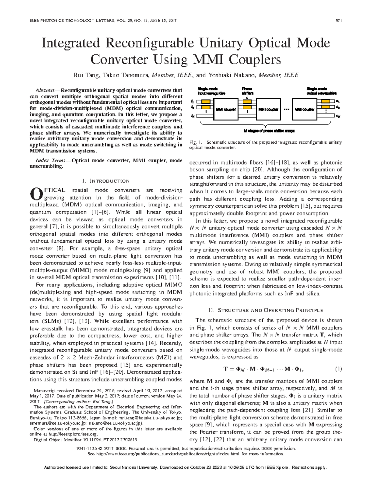 Integrated Reconfigurable Unitary Optical Mode Converter Using MMI Couplers - In this letter, we ...