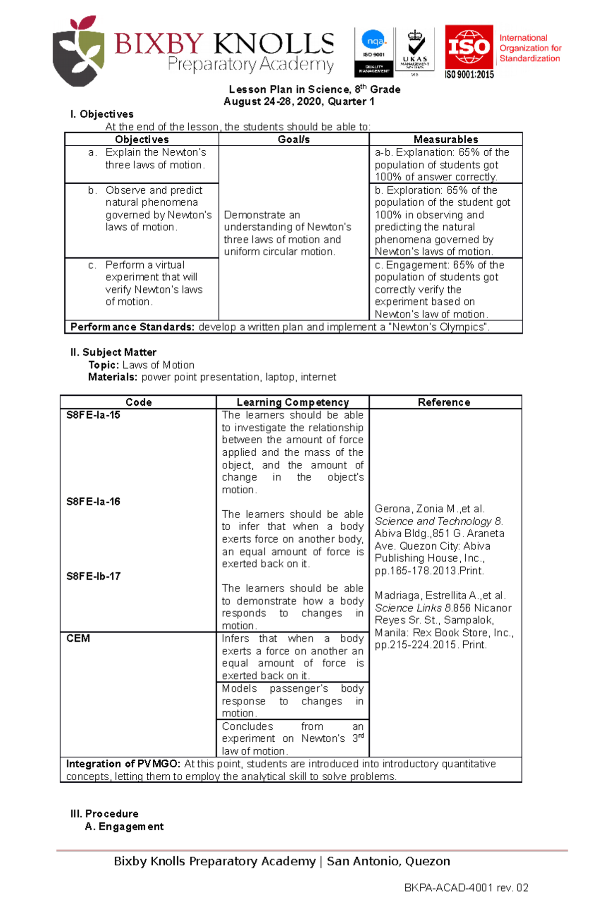SCI8-Q1-W1-3-L1 - THE LAWS OF Motion - Lesson Plan in Science, 8th ...