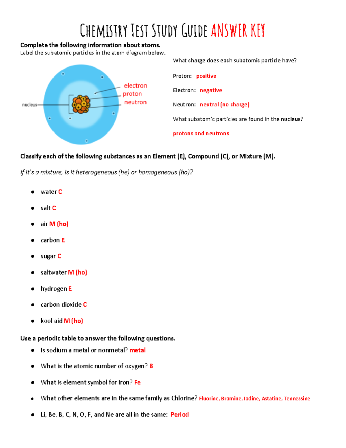 Chemistry Test Study Guide Answer KEY - Chemistry Test Study Guide ...
