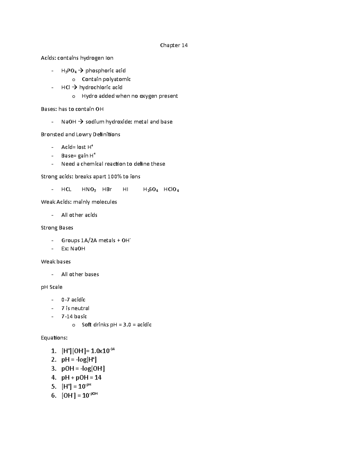 Chapter 14 - Notes and practice problems for pH scale, formulas, and ...