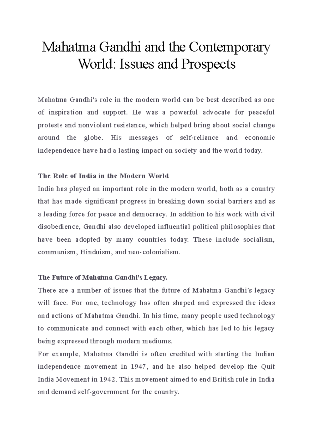 Mahatma Gandhi and the Contemporary World: Issues and Prospects ...