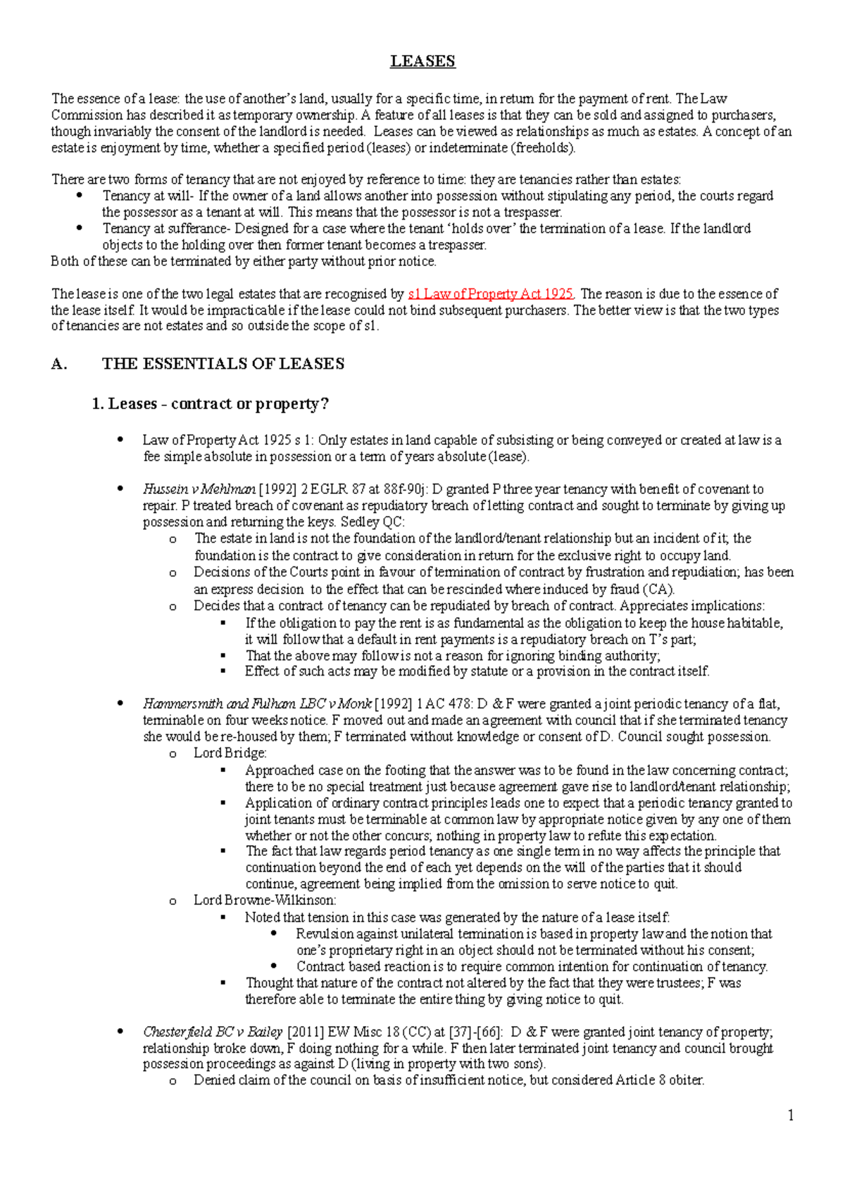 Leases 2013 - exam notes and cases - LEASES The essence of a lease: the ...