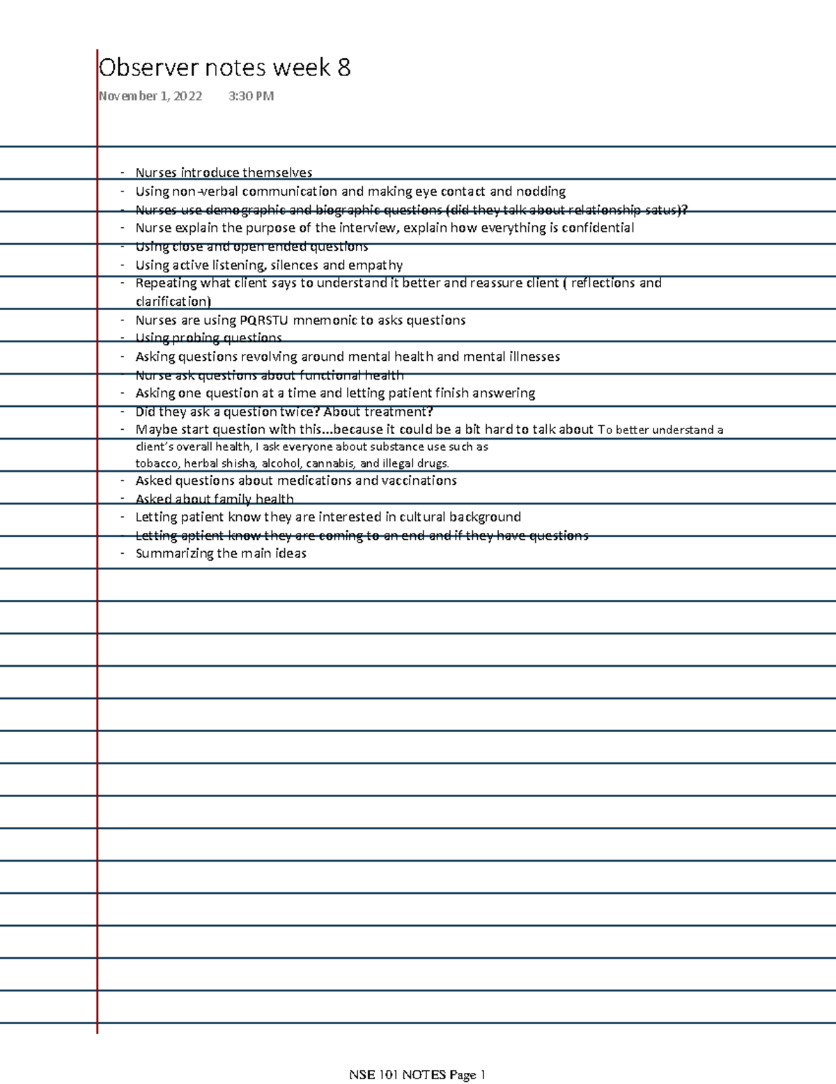 Observer notes week 8 - NSE101 - Nurses introduce themselves Using non ...