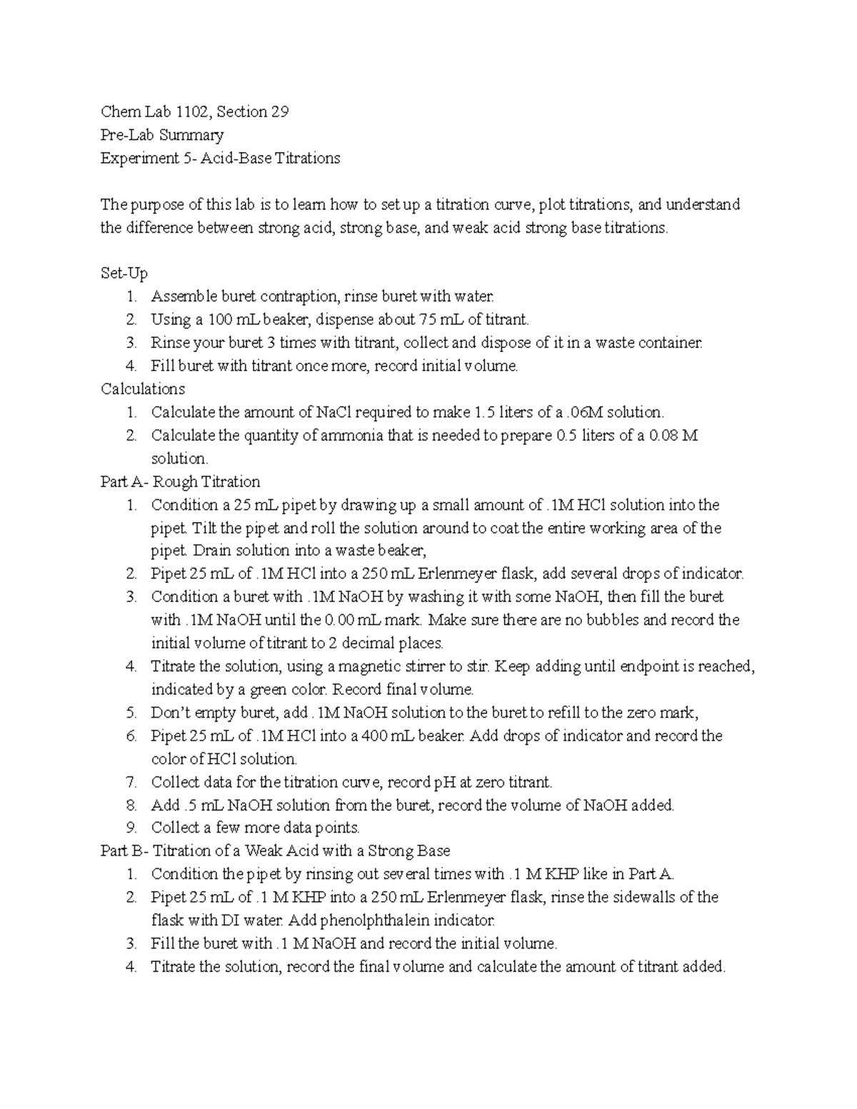 Experiment 5- Pre Lab - Chem Lab 1102, Section 29 Pre-Lab Summary ...