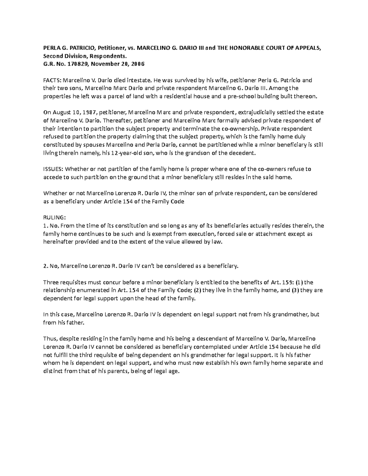 7 - Case Digest - PERLA G. PATRICIO, Petitioner, vs. MARCELINO G. DARIO ...