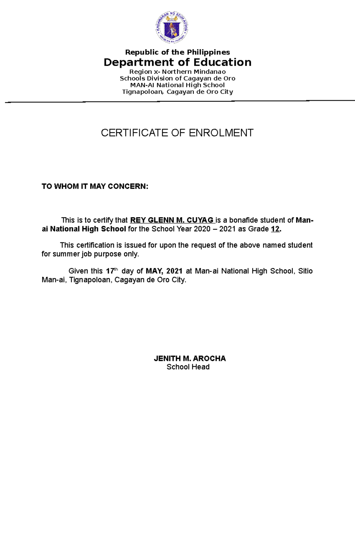 Certificate OF Enrollment Deed - 6F5Z2007 - MMU - Studocu