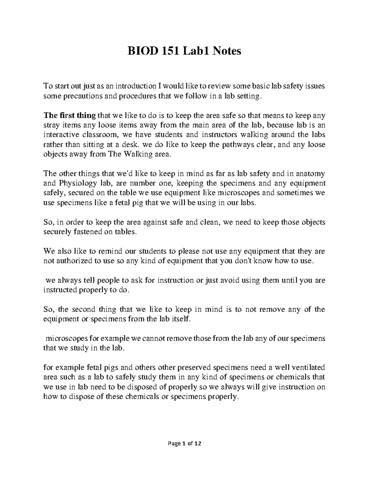 BIOD 151 Lab1 Notes 1 - Experiment 1: Introduction to Anatomy and ...