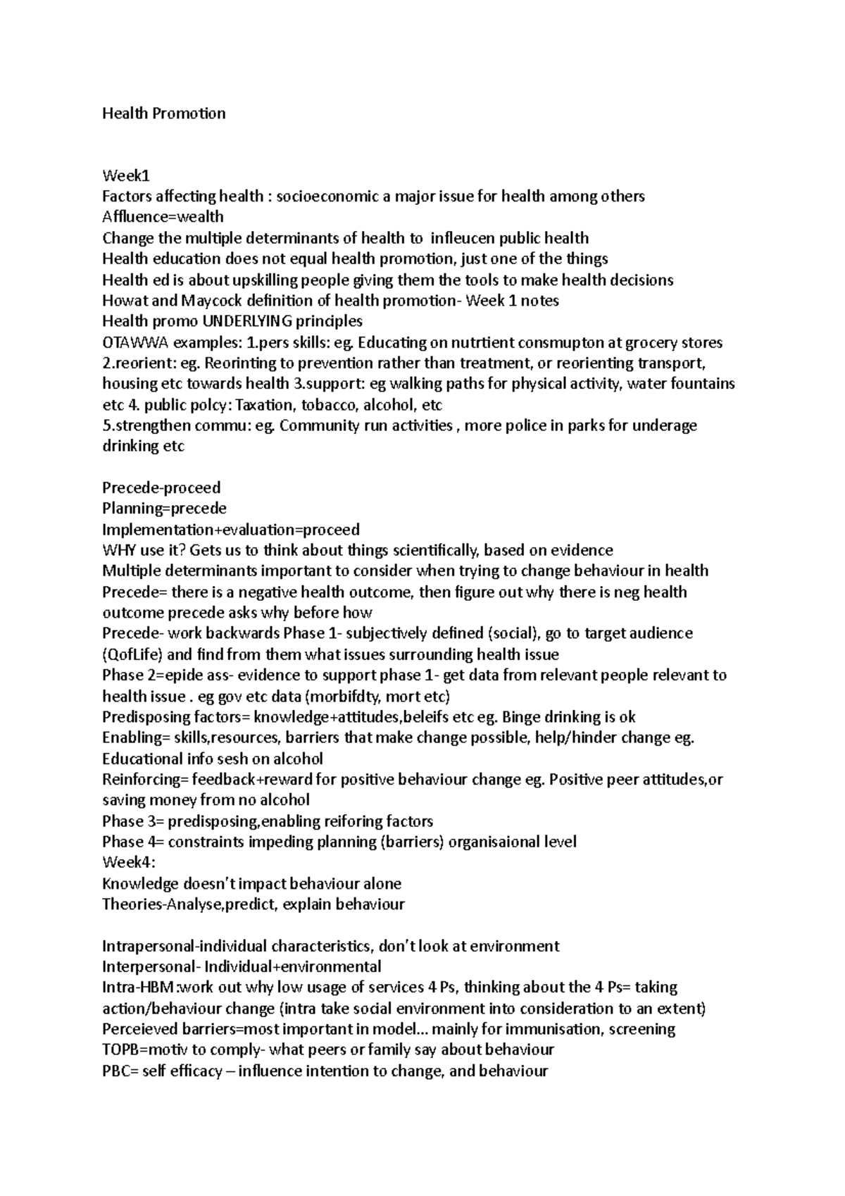 Health Promotion - Lecture notes 1-10 - Health Promotion Week Factors ...