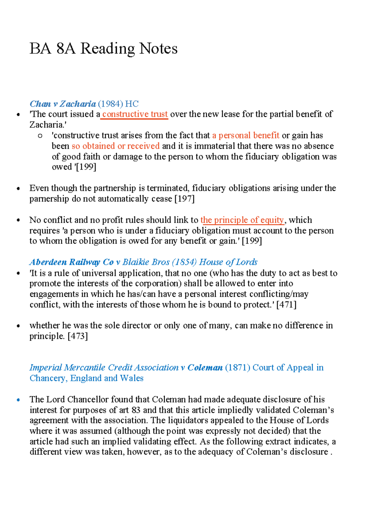BA 8A Reading Notes - Chan v Zacharia (1984) HC 'The court issued a ...