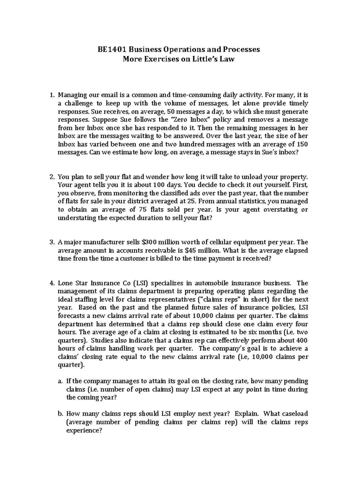 BE1401 Tutorial 1c Little's Law questions - BE1401 Business Operations and Processes More ...