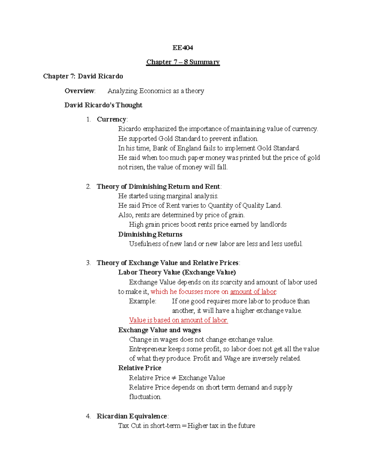 EE404 Chapter 7-8 Summary - EE Chapter 7 – 8 Summary Chapter 7 : David Ricardo Overview ...