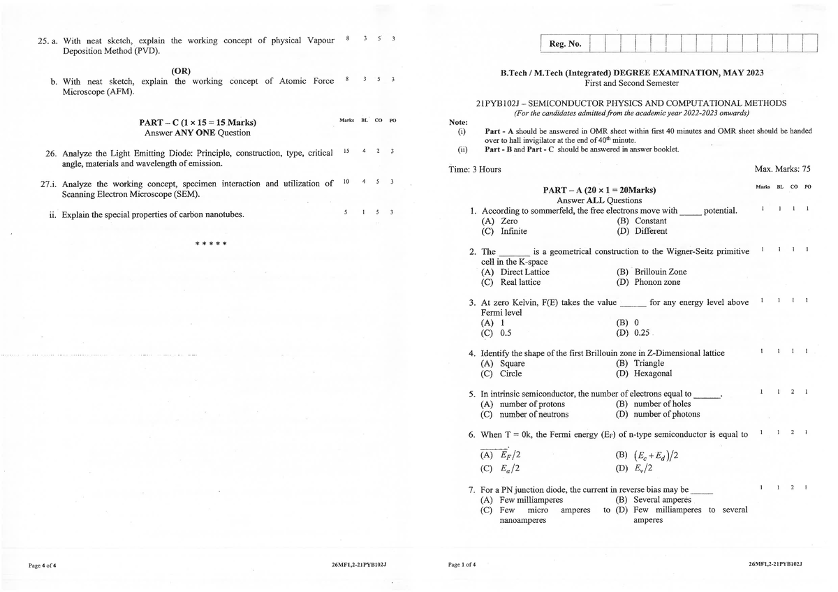 21PYB102J - MAY 2023 - physics - Semiconductor physics and computational methods - Studocu