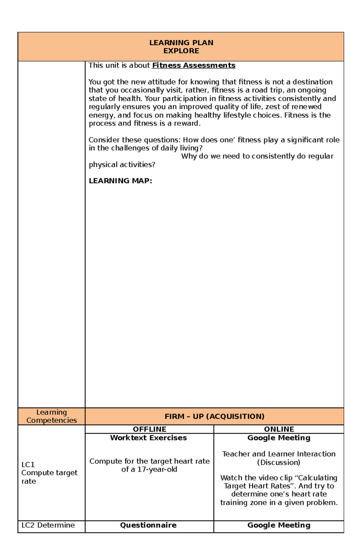 Learning-PLAN in PE 9 - plan - LEARNING PLAN EXPLORE This unit is about ...