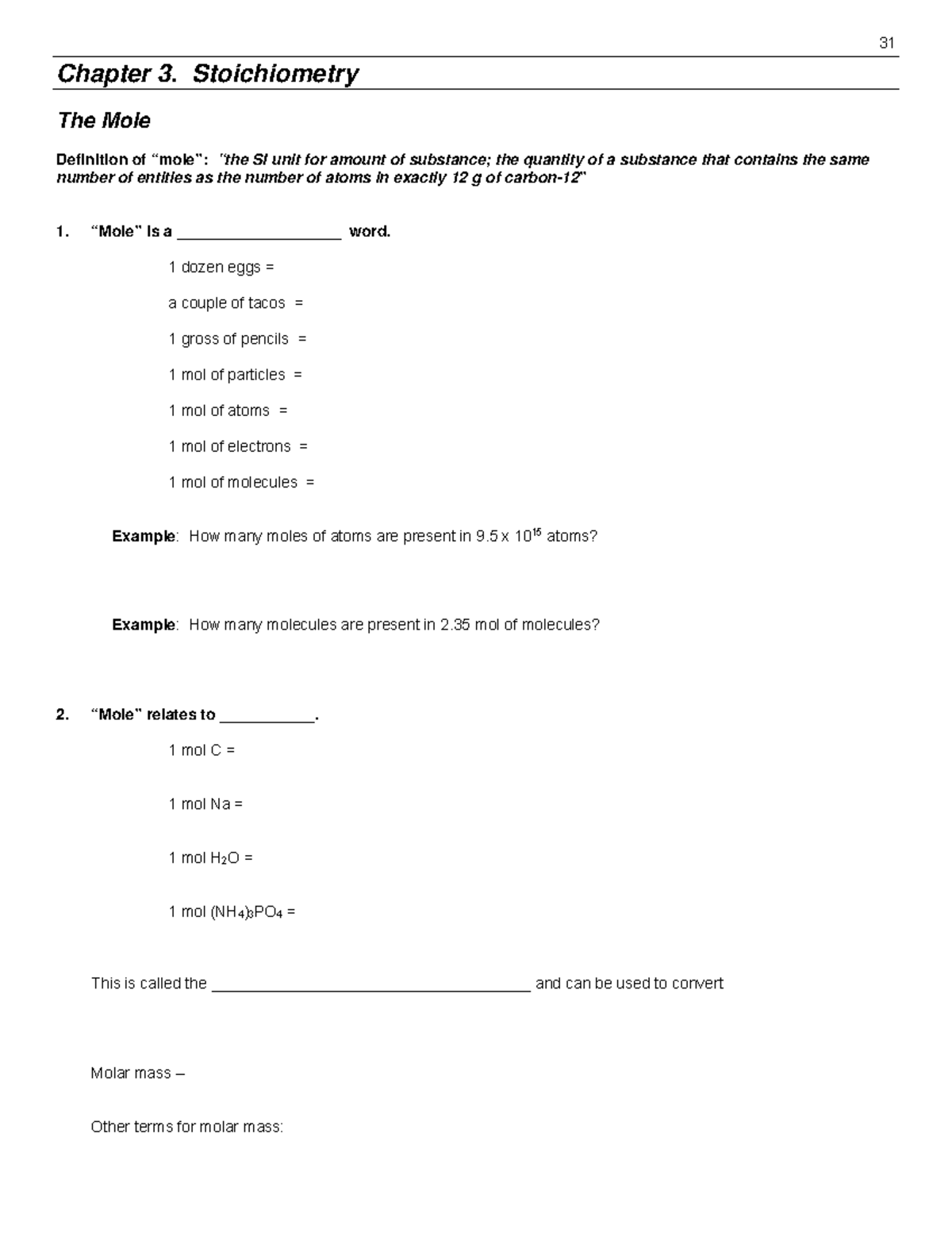 blank chapter notes chapter 3 for chem 1411 - Chapter 3. Stoichiometry ...