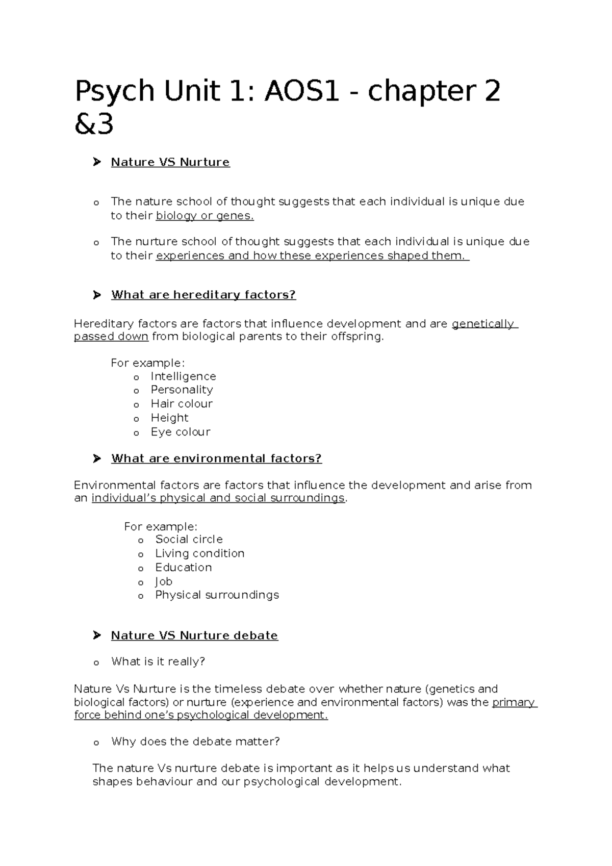 AOS 1 checklist - jkJMKLKE - Psych Unit 1: AOS1 - chapter 2 & Nature VS ...