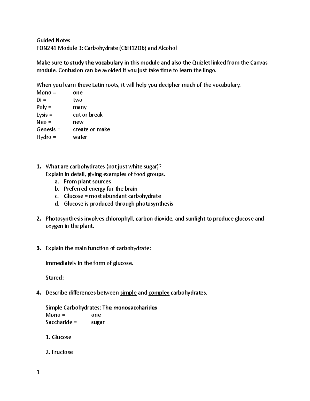 Carbohydrate Guided Notes copy - Guided Notes FON241 Module 3 ...
