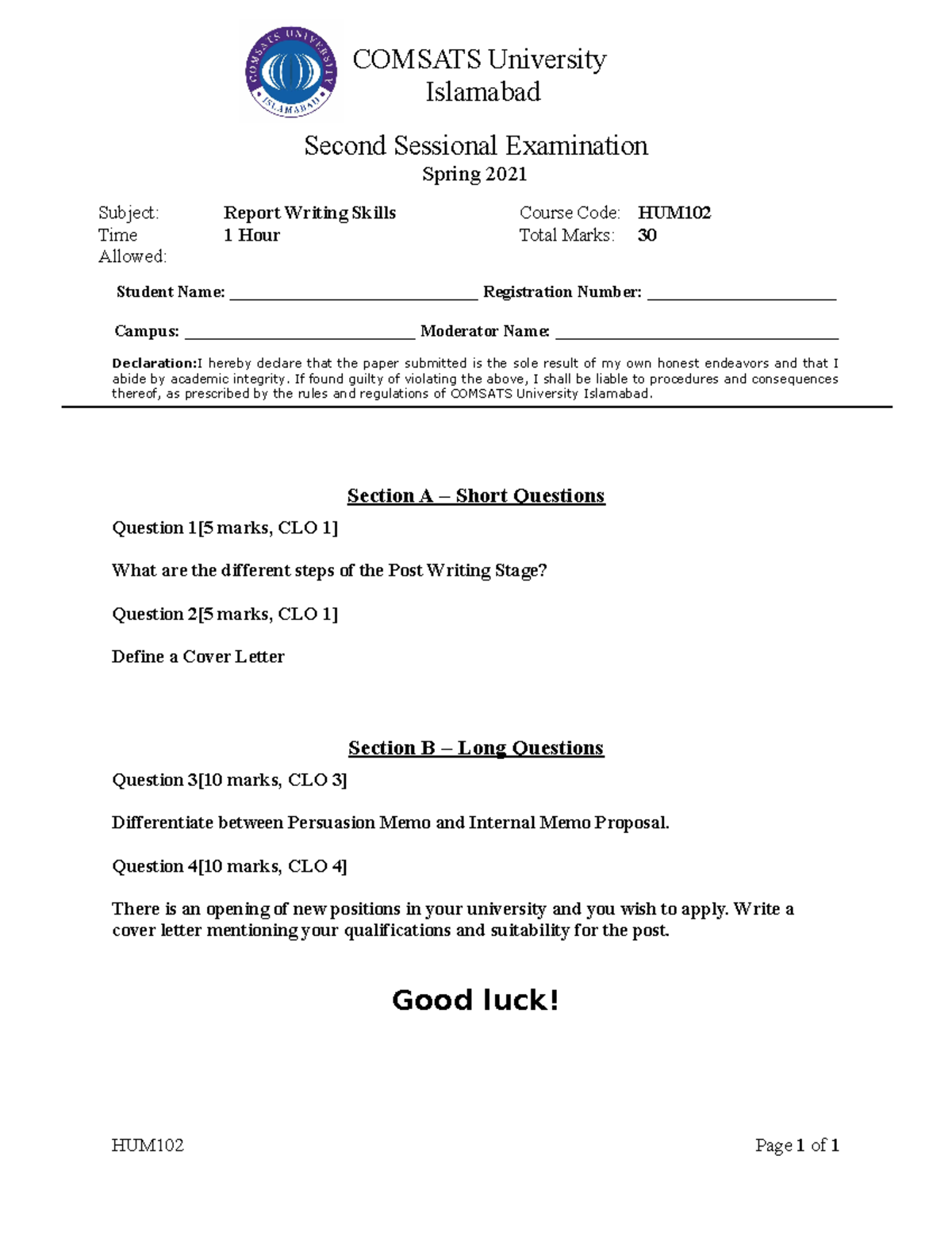 SP21 S2 Examination Spring 2021 Report writing skill - COMSATS ...