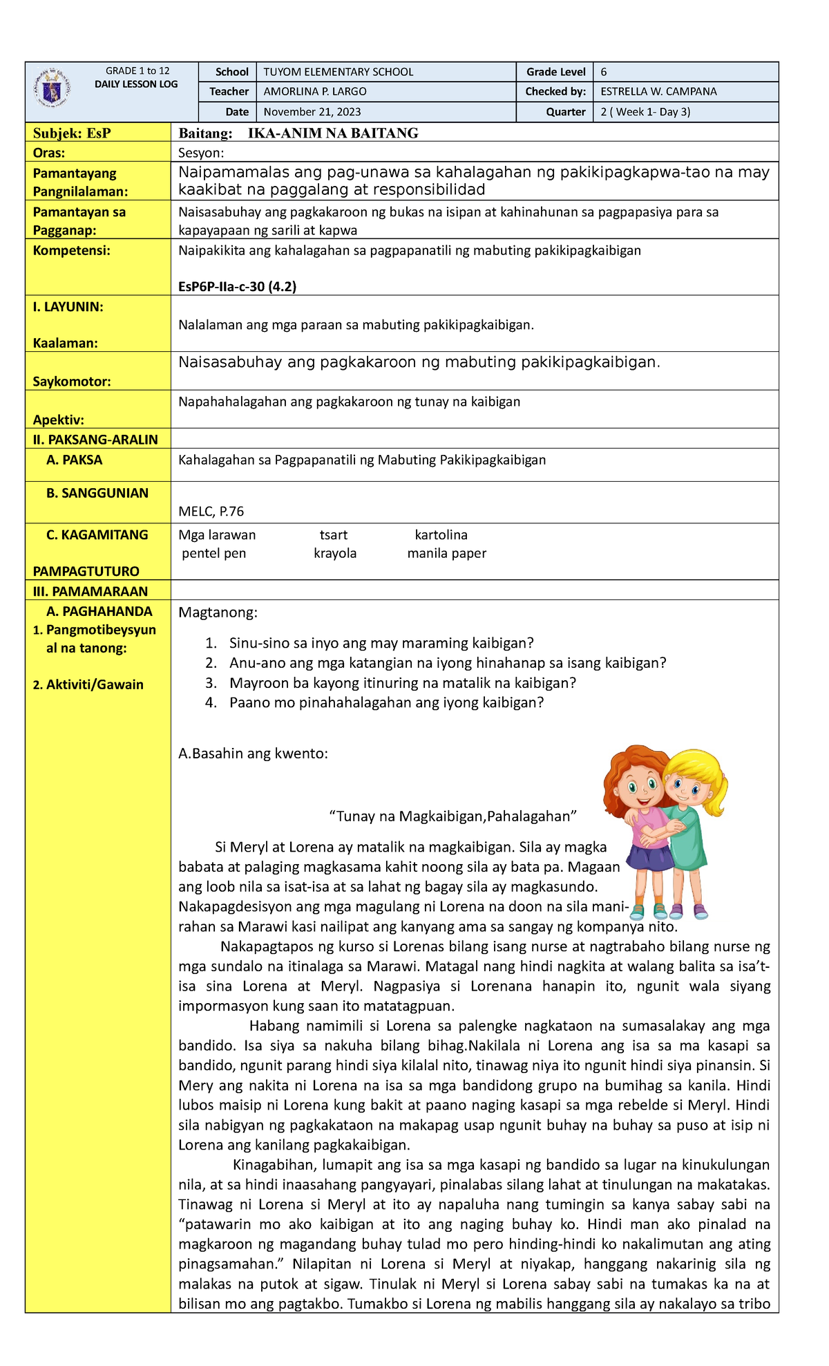 CS Es P6 Q2 M14 - for other purposes - GRADE 1 to 12 DAILY LESSON LOG ...