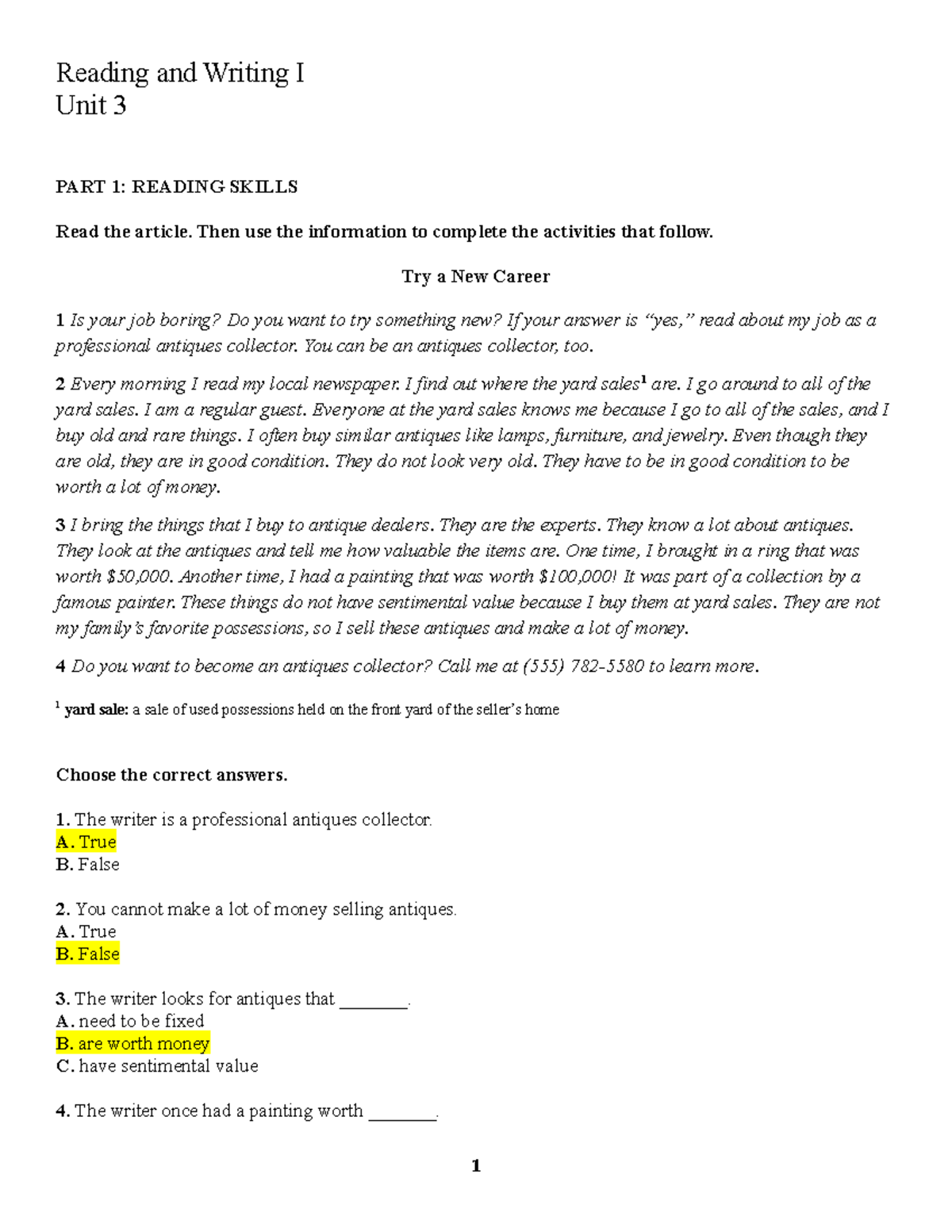 Unit 3 - ingles - Unit 3 PART 1: READING SKILLS Read the article. Then ...