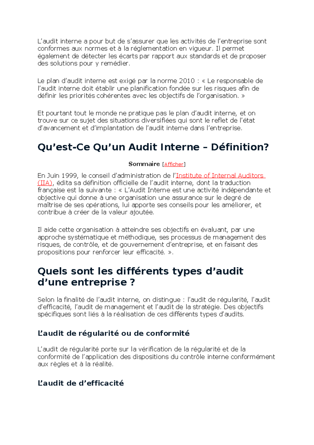 PLAN D' Audit Interne - L’audit interne a pour but de s’assurer que les activités de l ...