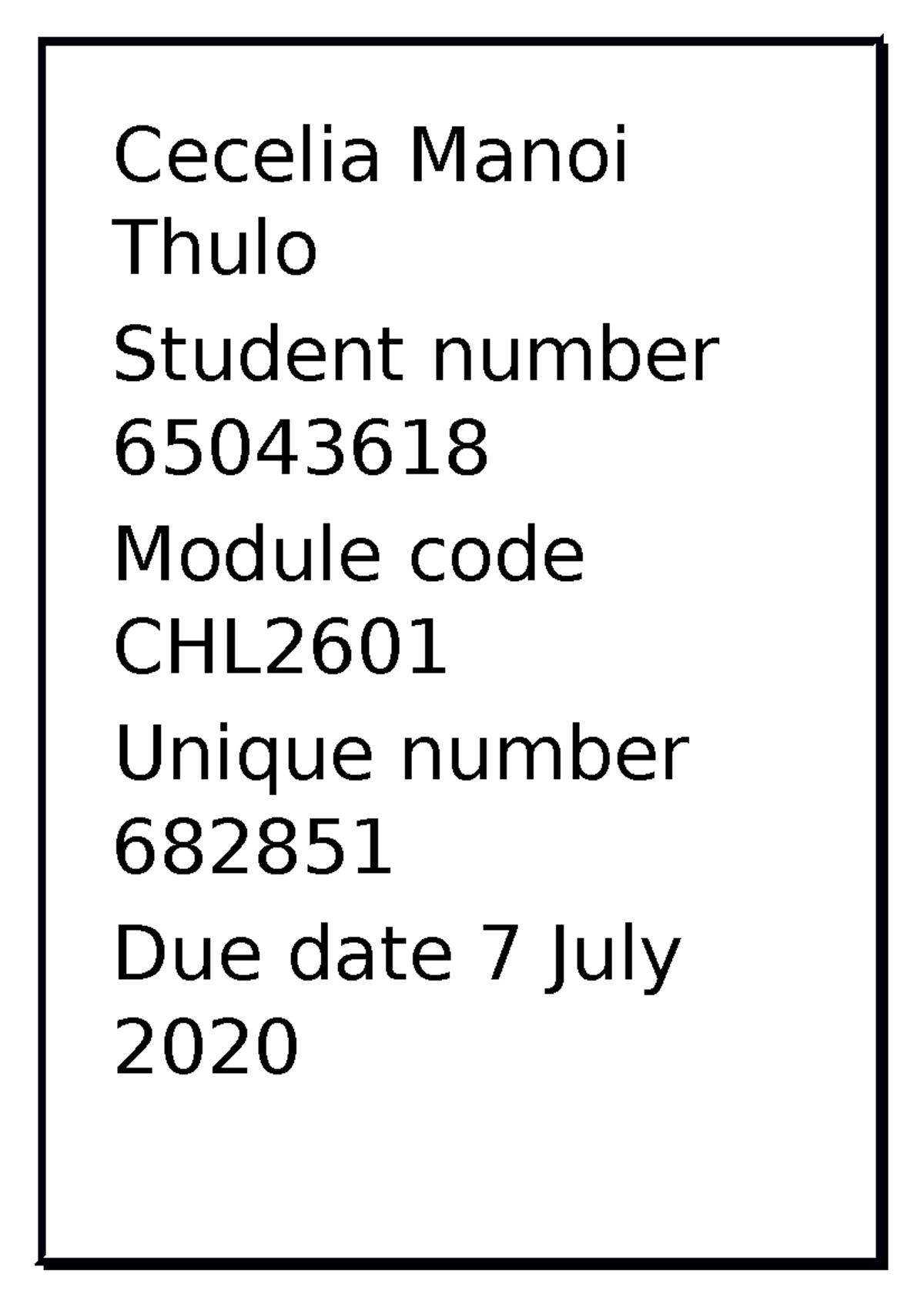 CHL2601 - Mandatory assignments - Cecelia Manoi Thulo Student number ...