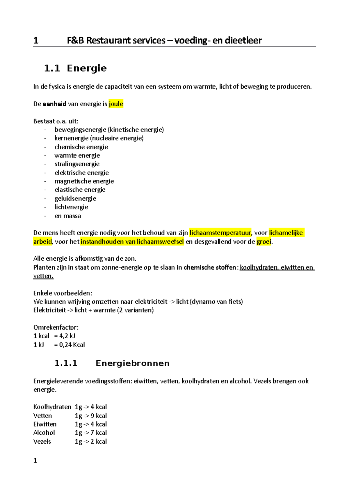 Samenvatting voeding- en dieetleer - 1 Restaurant services en dieetleer ...