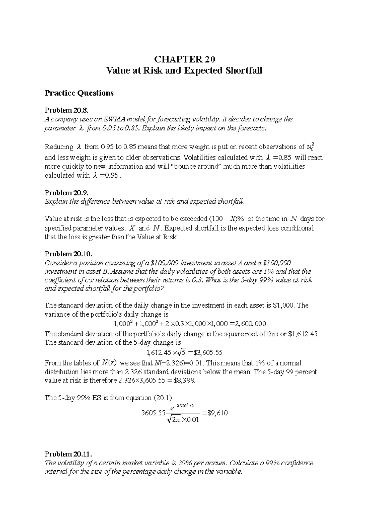Hull Fund 9e Ch20Problem Solutions - CHAPTER 20 Value at Risk and Expected Shortfall Practice ...
