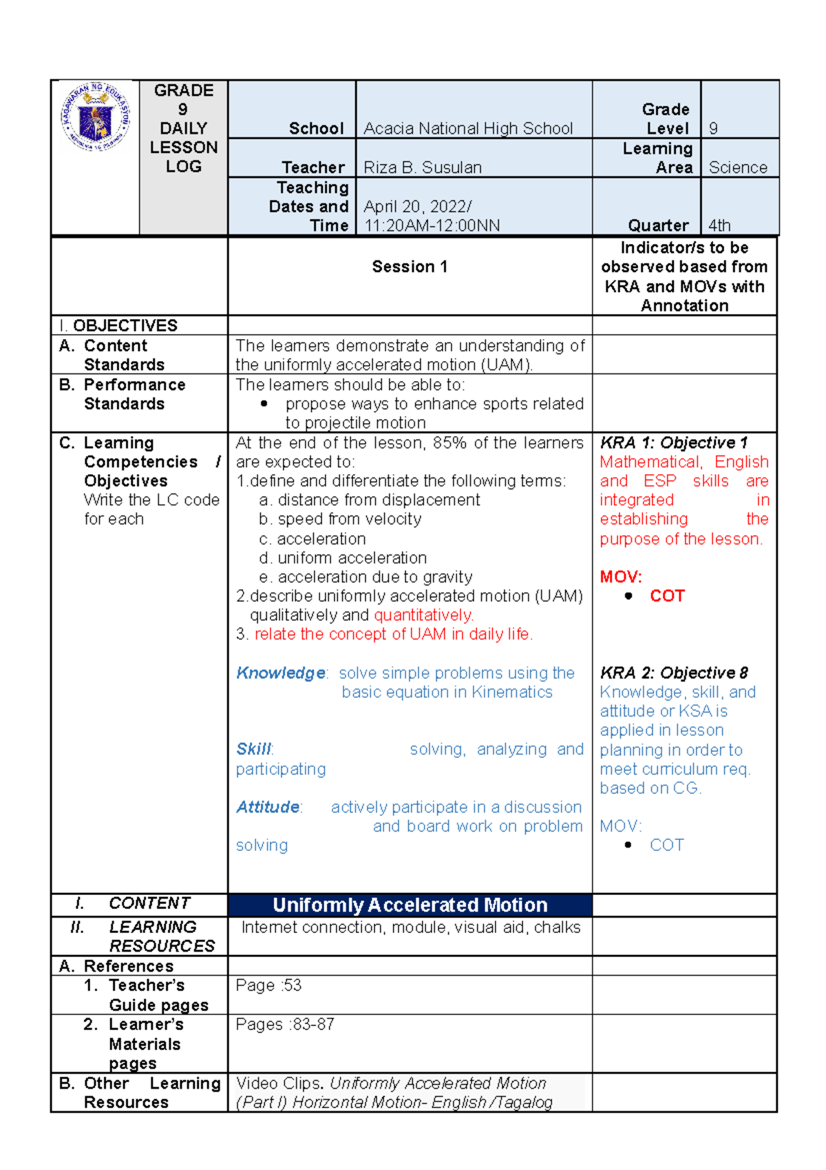 DLP- Science - for study - GRADE 9 DAILY LESSON LOG School Acacia ...