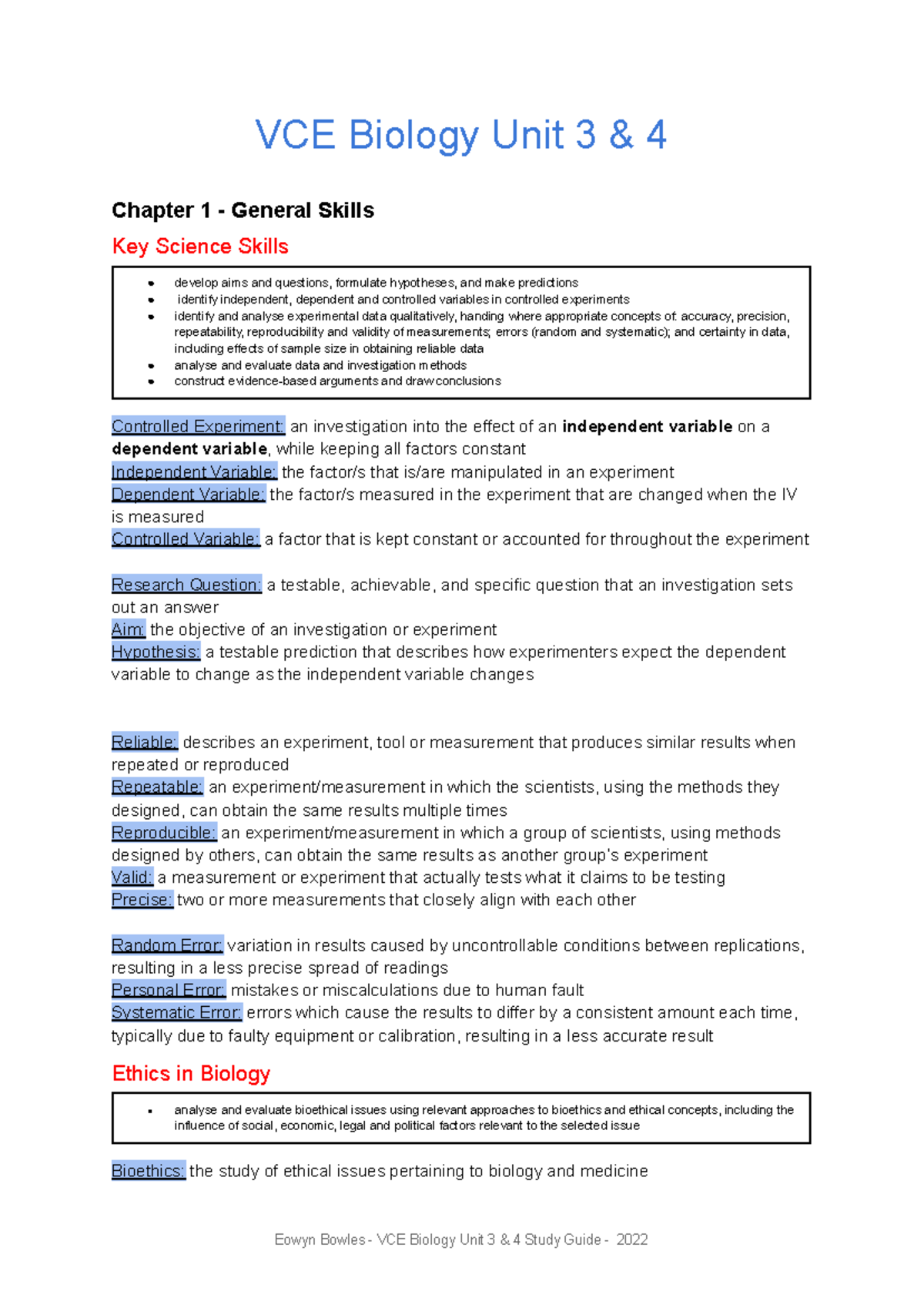 Biology Revision Notes - Unit 3 & 4 - VCE Biology Unit 3 & 4 Chapter 1 ...